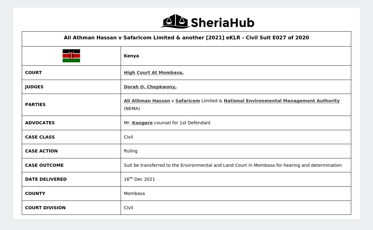 Ali Athman Hassan V Safaricom Limited & Another [2021] Eklr