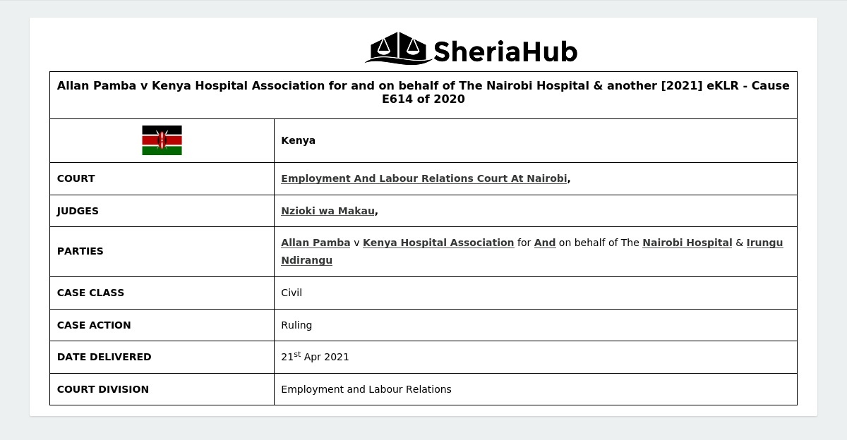 Allan Pamba V Kenya Hospital Association For And On Behalf Of The ...