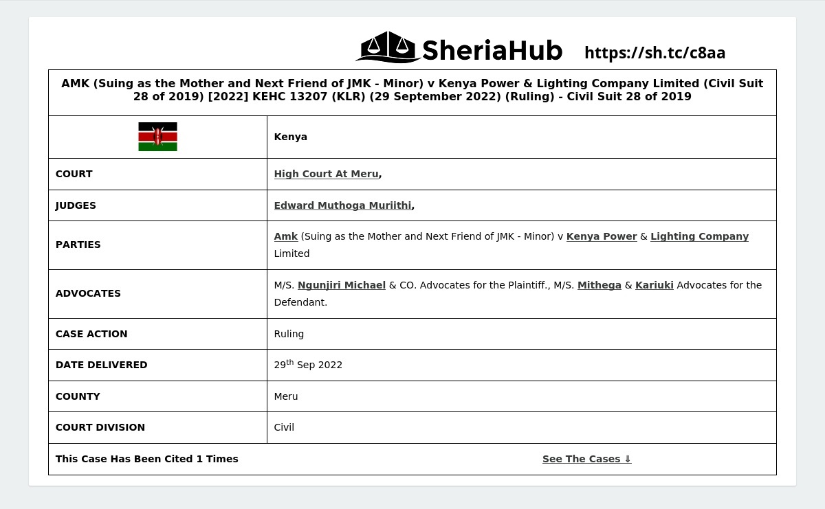Amk (Suing As The Mother And Next Friend Of Jmk - Minor) V Kenya Power ...