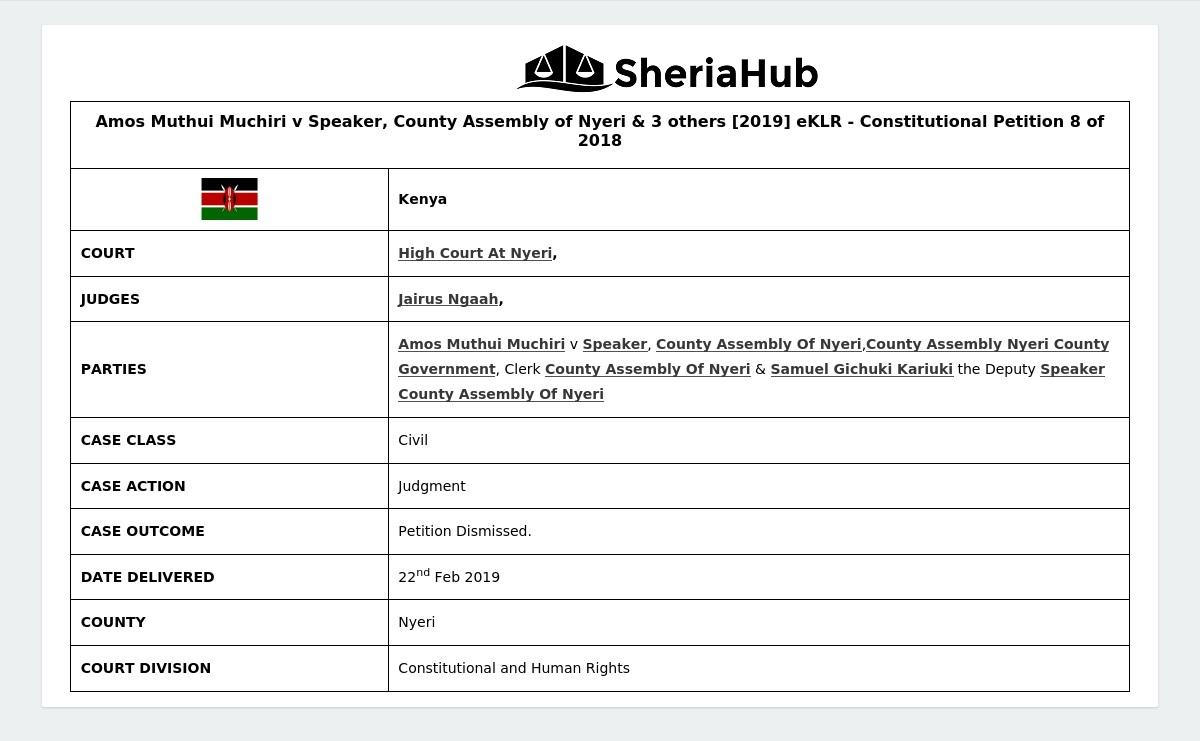 Amos Muthui Muchiri V Speaker, County Assembly Of Nyeri & 3 Others ...