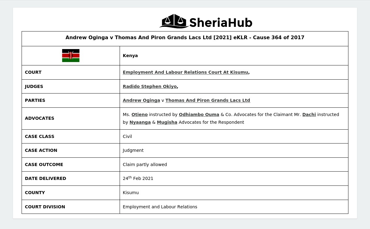 Andrew Oginga V Thomas And Piron Grands Lacs Ltd [2021] Eklr