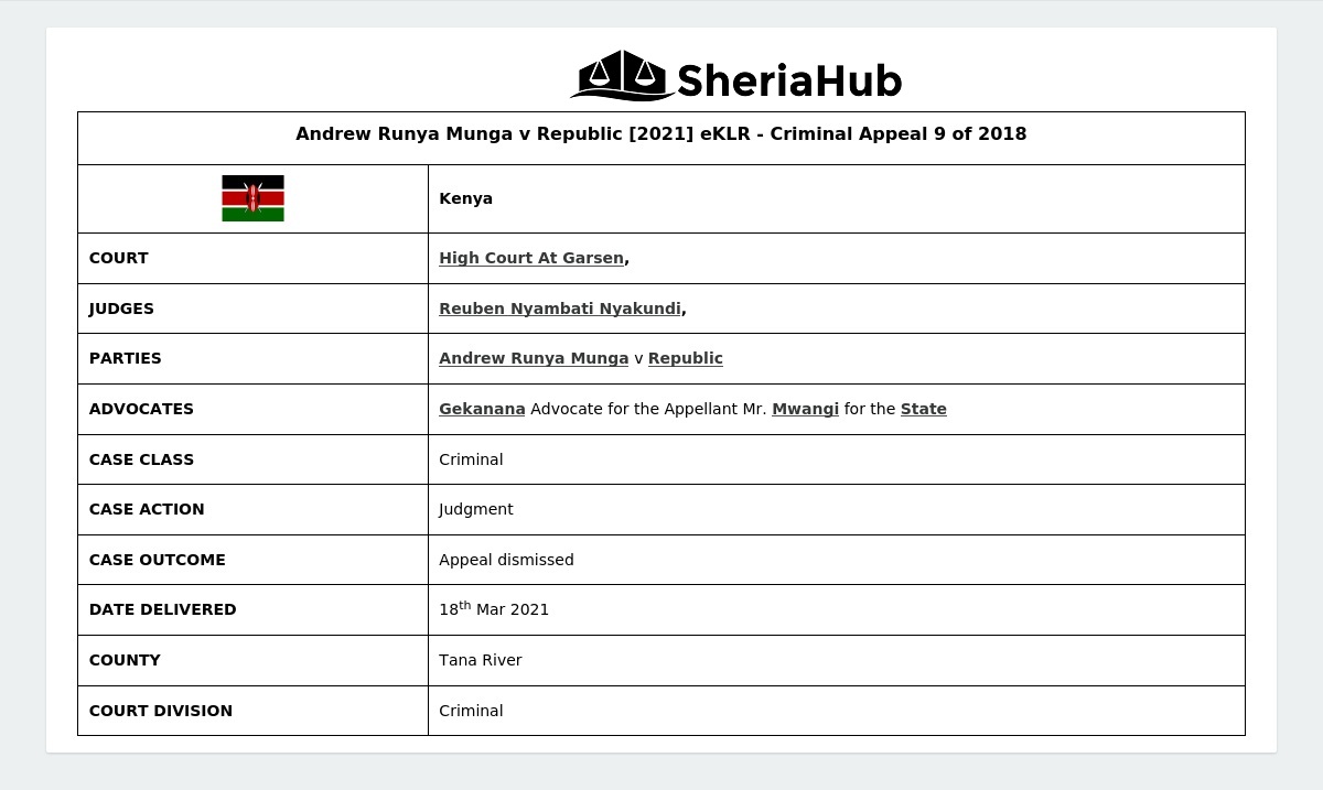 Andrew Runya Munga V Republic [2021] Eklr