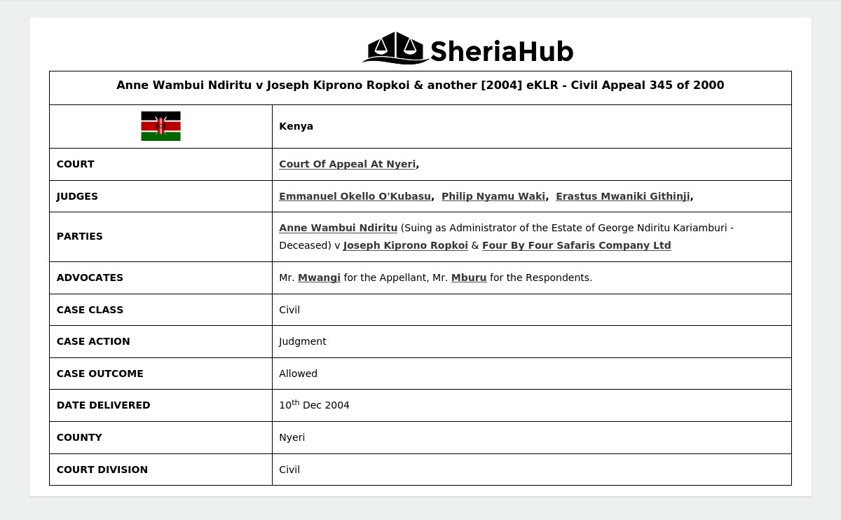 Anne Wambui Ndiritu V Joseph Kiprono Ropkoi & Another [2004] Eklr