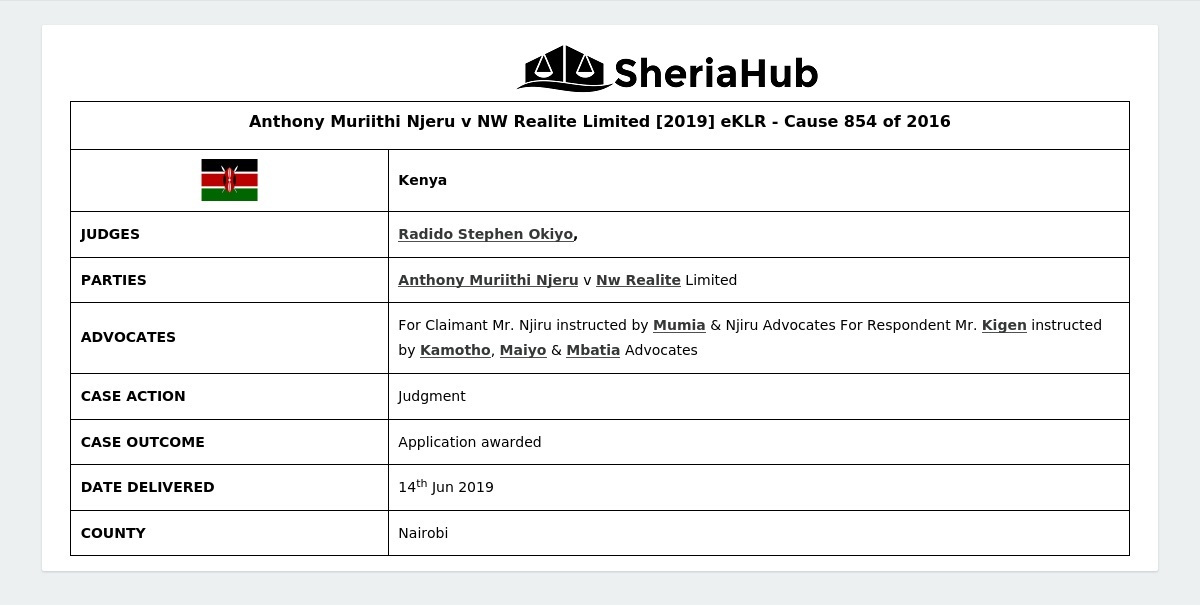Anthony Muriithi Njeru V Nw Realite Limited [2019] Eklr
