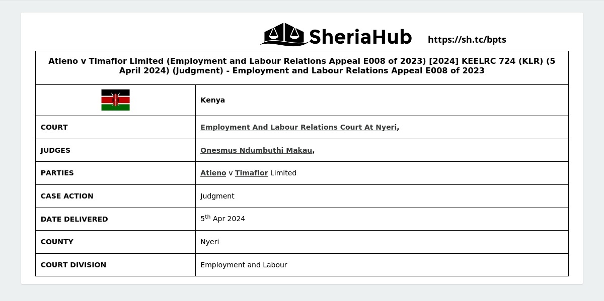 Atieno V Timaflor Limited (Employment And Labour Relations Appeal E008 ...