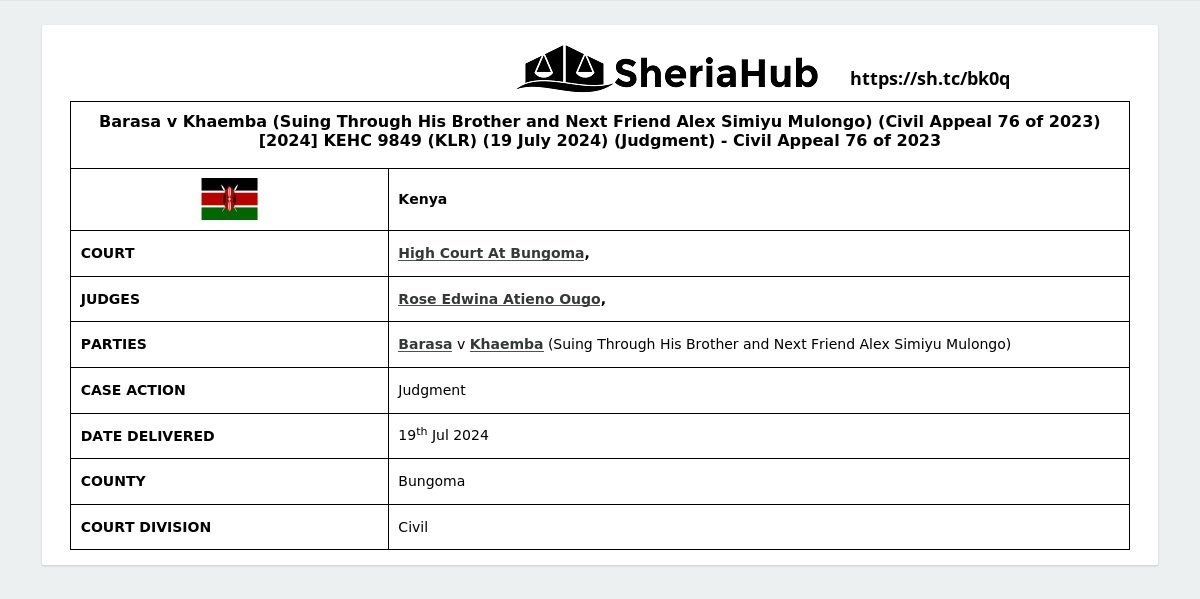 Barasa V Khaemba (Suing Through His Brother And Next Friend Alex Simiyu ...