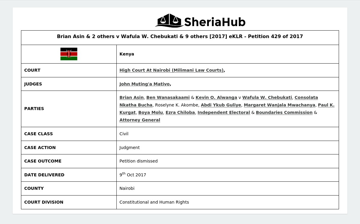 Brian Asin & 2 Others V Wafula W. Chebukati & 9 Others [2017] Eklr