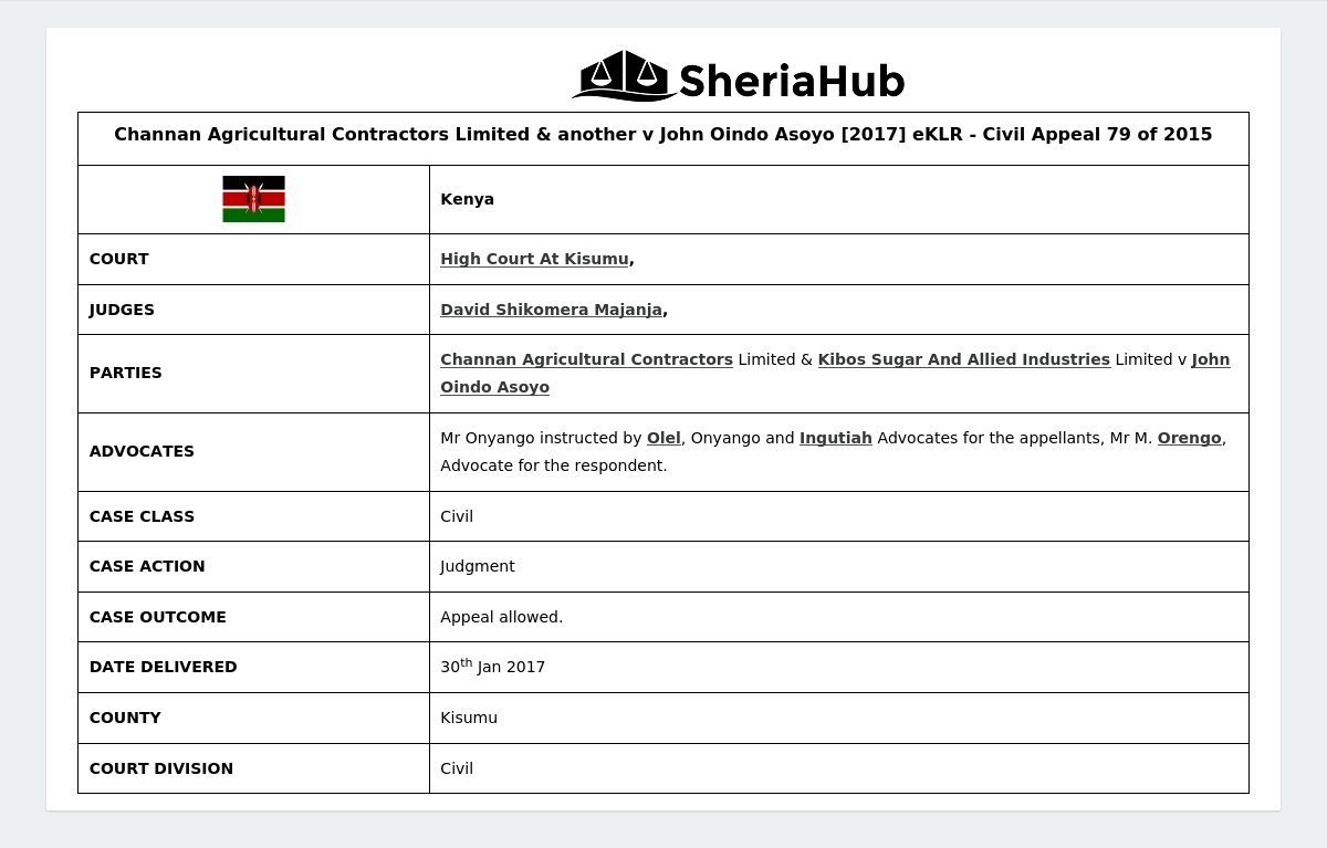 Channan Agricultural Contractors Limited & Another V John Oindo Asoyo ...