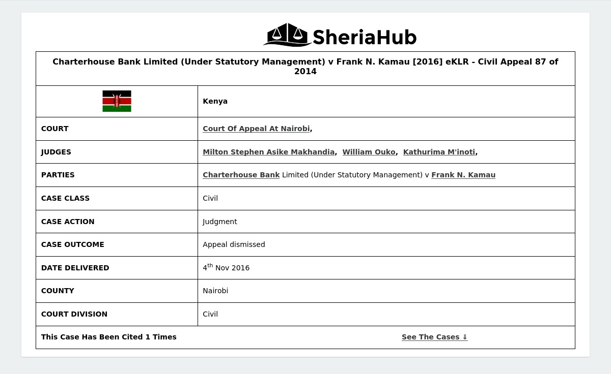 Charterhouse Bank Limited (Under Statutory Management) V Frank N. Kamau ...