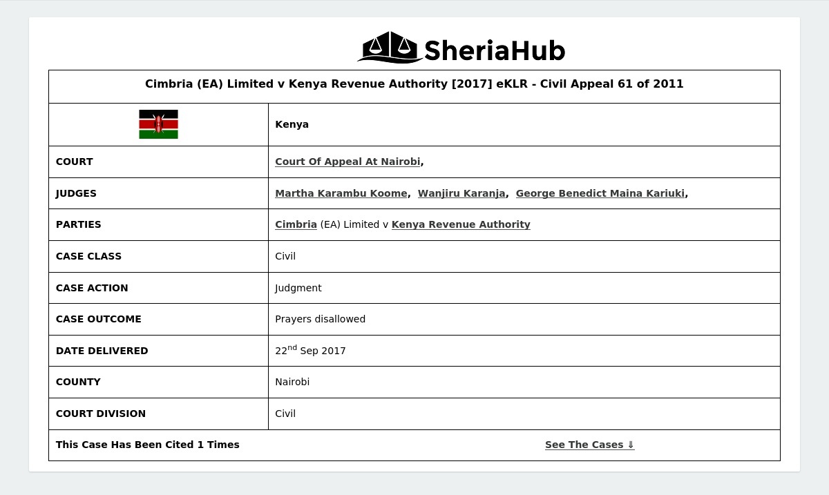Cimbria (Ea) Limited V Kenya Revenue Authority [2017] Eklr
