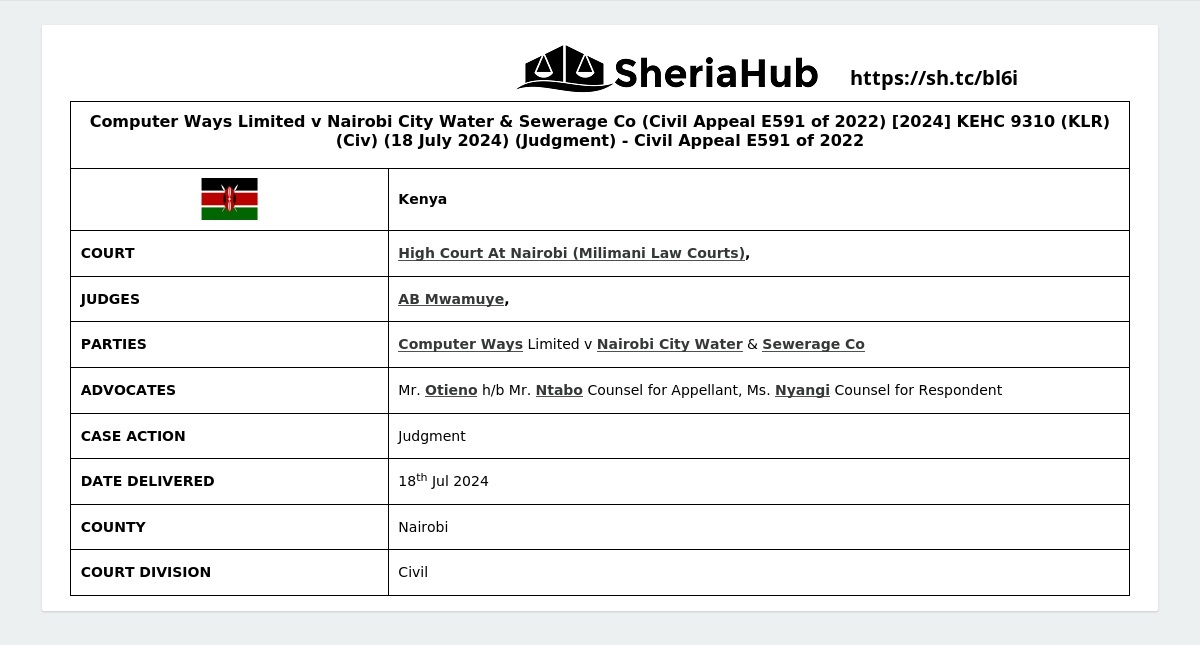 Computer Ways Limited V Nairobi City Water & Sewerage Co (Civil Appeal E591 Of 2022) [2024] Kehc ...