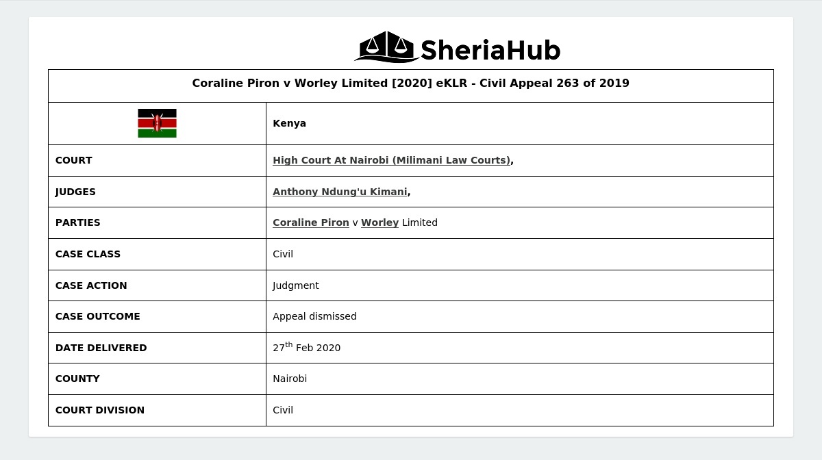 Coraline Piron V Worley Limited [2020] Eklr