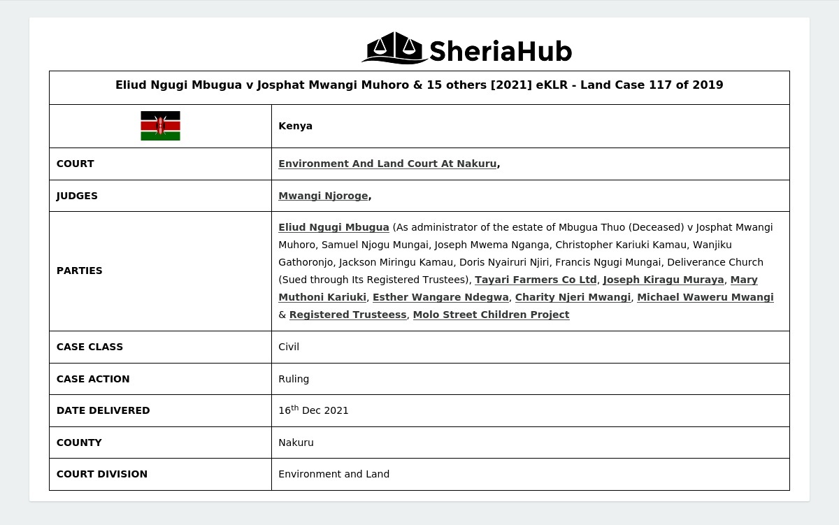 Eliud Ngugi Mbugua V Josphat Mwangi Muhoro & 15 Others [2021] Eklr