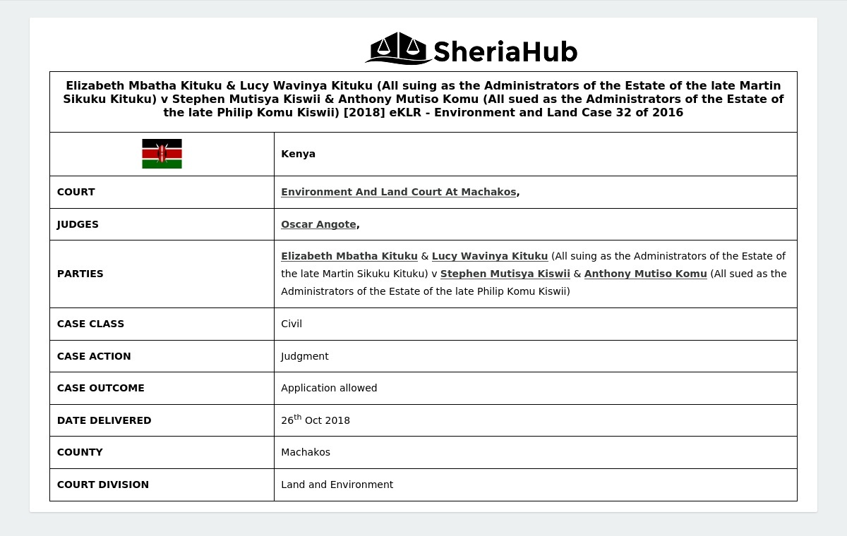 Elizabeth Mbatha Kituku & Lucy Wavinya Kituku (All Suing As The ...