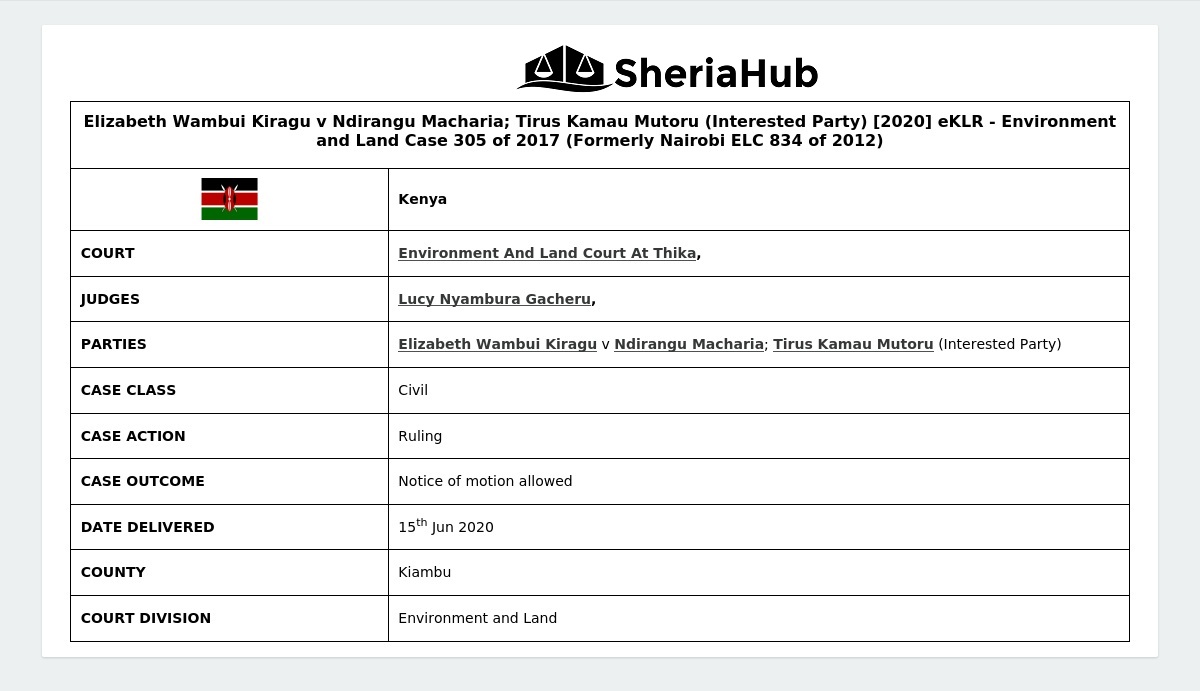 Elizabeth Wambui Kiragu V Ndirangu Macharia; Tirus Kamau Mutoru (Interested Party) [2020] Eklr