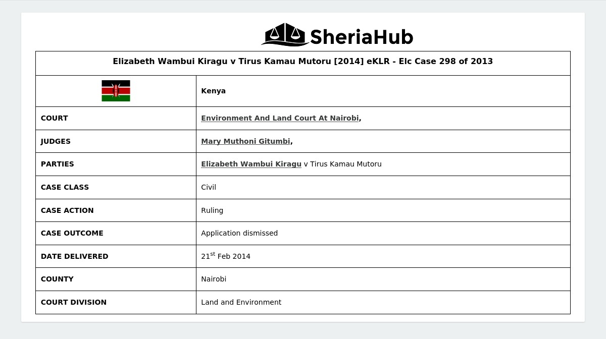 Elizabeth Wambui Kiragu V Tirus Kamau Mutoru [2014] Eklr