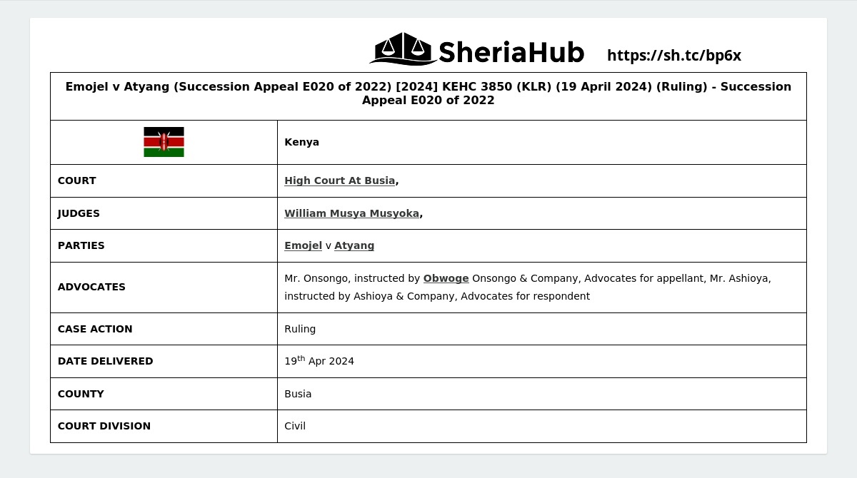 Emojel V Atyang (Succession Appeal E020 Of 2022) [2024] Kehc 3850 (Klr) (19 April 2024) (Ruling)