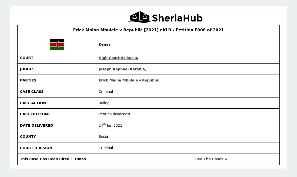 Erick Maina Mbulele V Republic [2021] Eklr