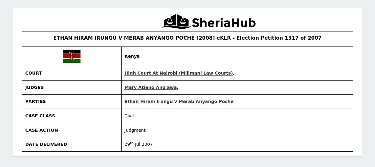 Ethan Hiram Irungu V Merab Anyango Poche [2008] Eklr