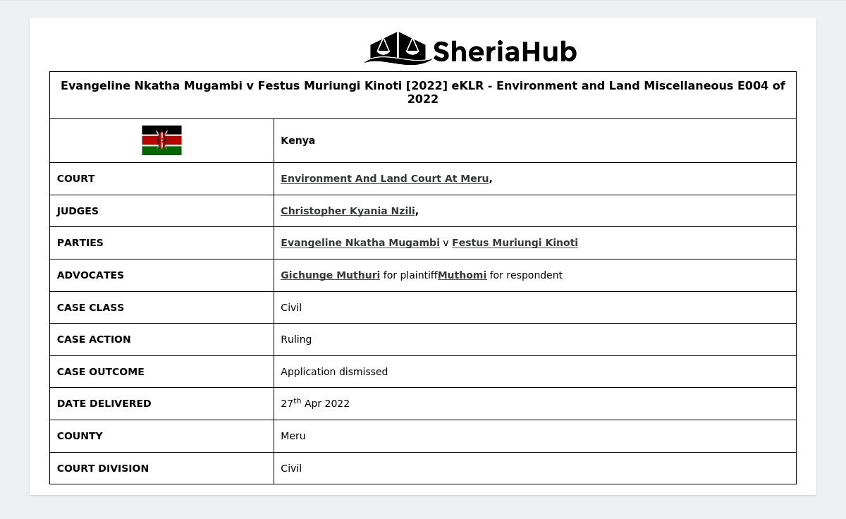 Evangeline Nkatha Mugambi V Festus Muriungi Kinoti [2022] Eklr