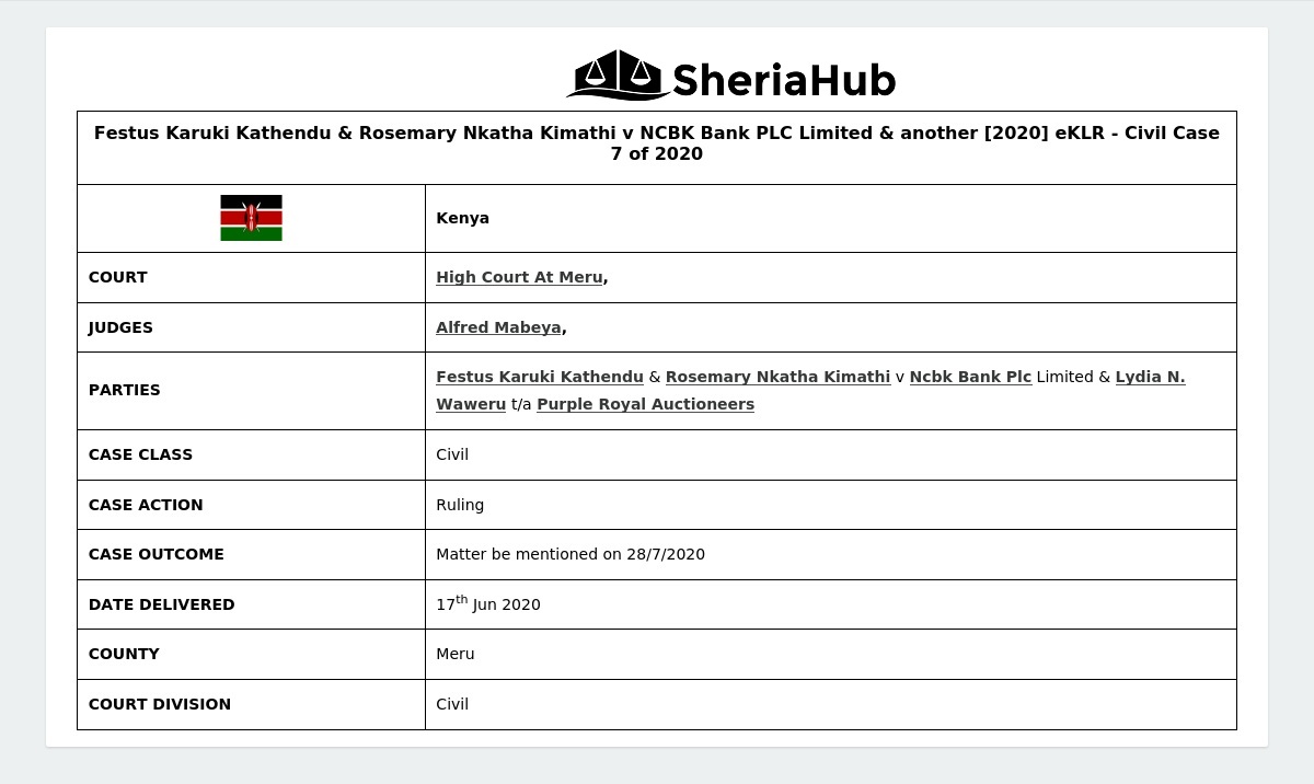 Festus Karuki Kathendu & Rosemary Nkatha Kimathi V Ncbk Bank Plc ...