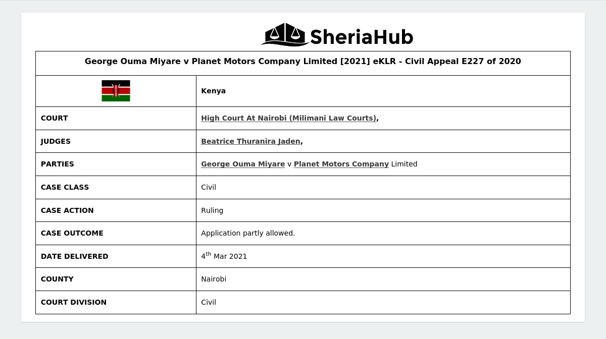 George Ouma Miyare V Planet Motors Company Limited [2021] Eklr