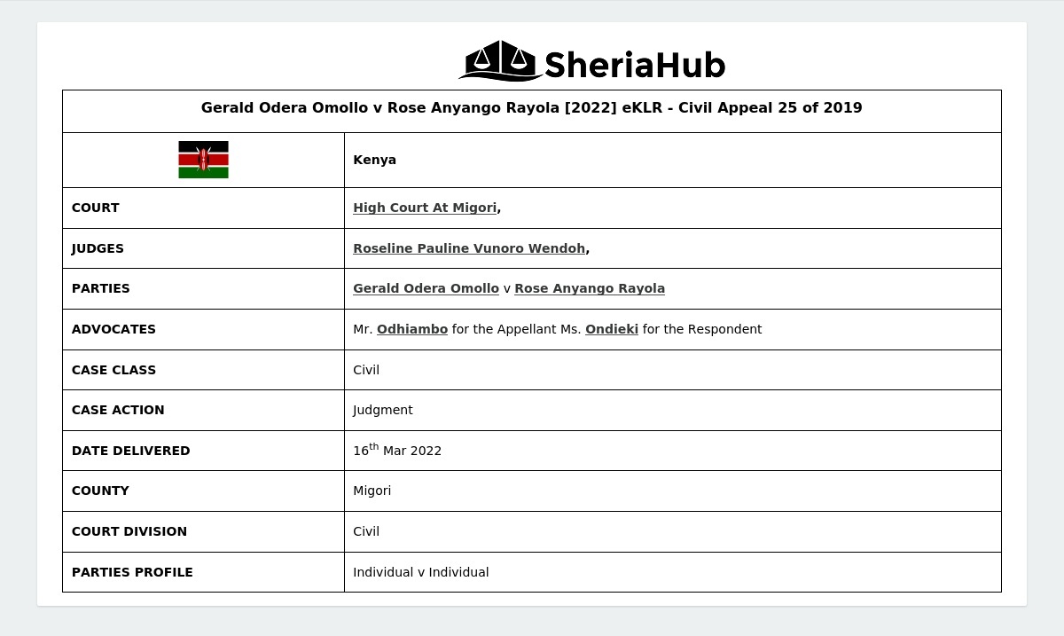 Gerald Odera Omollo V Rose Anyango Rayola [2022] Eklr