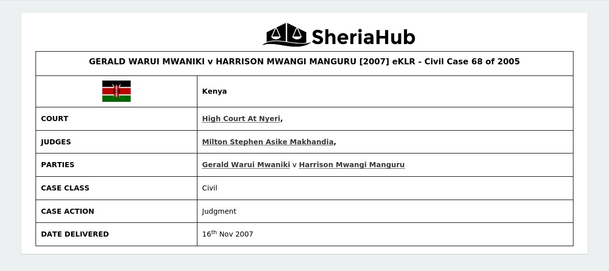 Gerald Warui Mwaniki V Harrison Mwangi Manguru [2007] Eklr