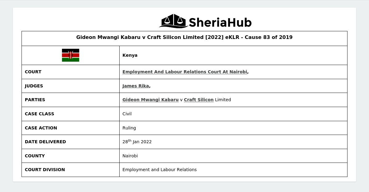 Gideon Mwangi Kabaru V Craft Silicon Limited [2022] Eklr