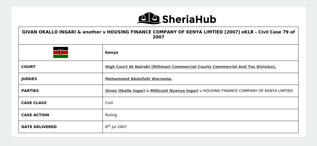 Givan Okallo Ingari & Another V Housing Finance Company Of Kenya ...