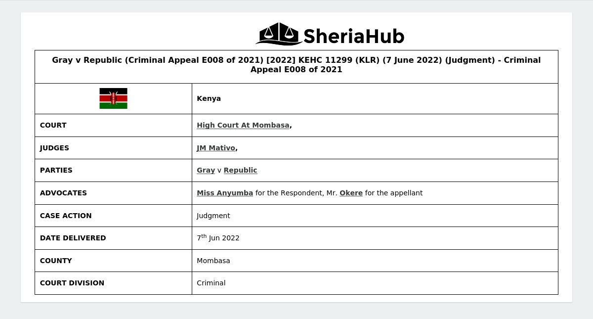 Gray V Republic (Criminal Appeal E008 Of 2021) [2022] Kehc 11299 (Klr ...
