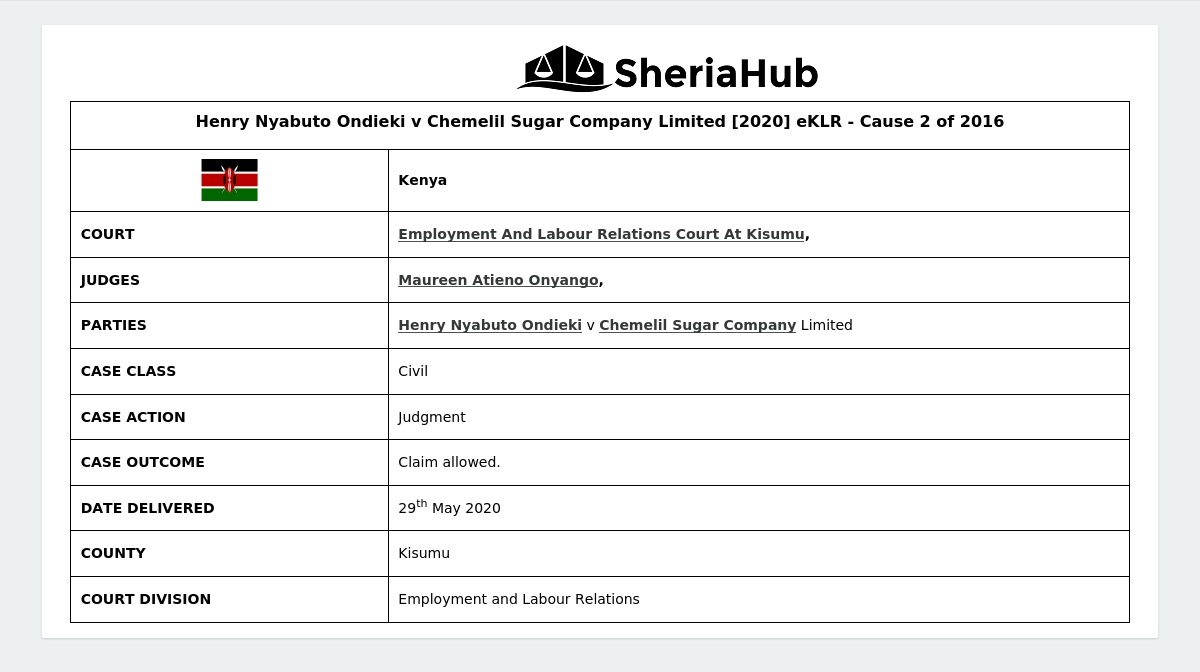 Henry Nyabuto Ondieki V Chemelil Sugar Company Limited [2020] Eklr