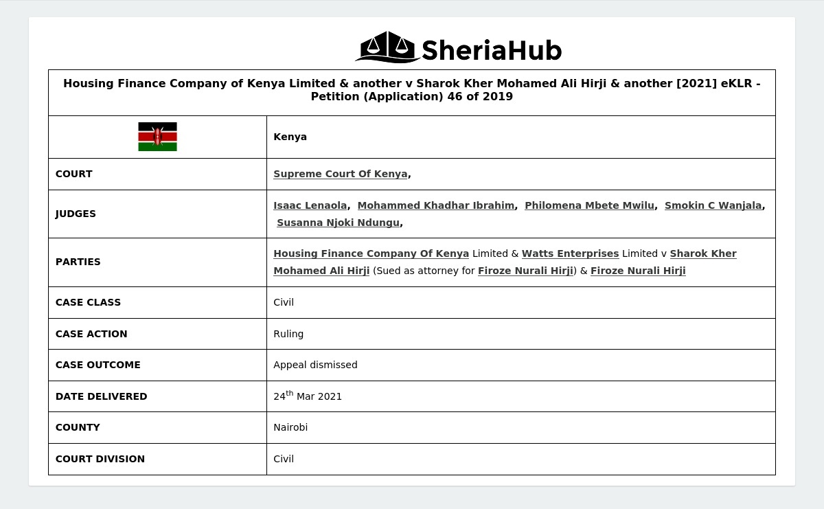 Housing Finance Company Of Kenya Limited & Another V Sharok Kher ...