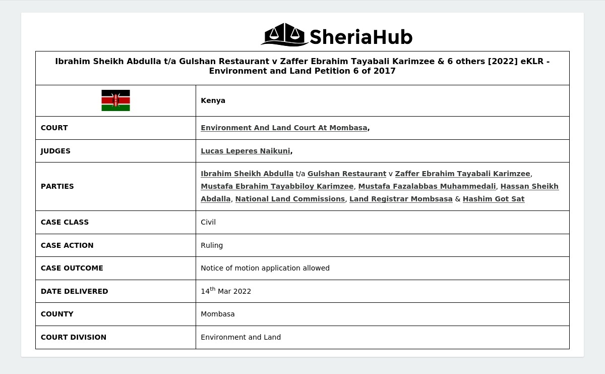 Ibrahim Sheikh Abdulla T/A Gulshan Restaurant V Zaffer Ebrahim Tayabali ...