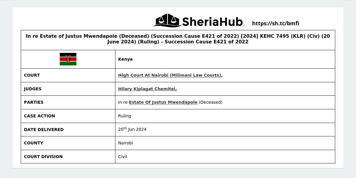 In Re Estate Of Justus Mwendapole (Deceased) (Succession Cause E421 Of ...