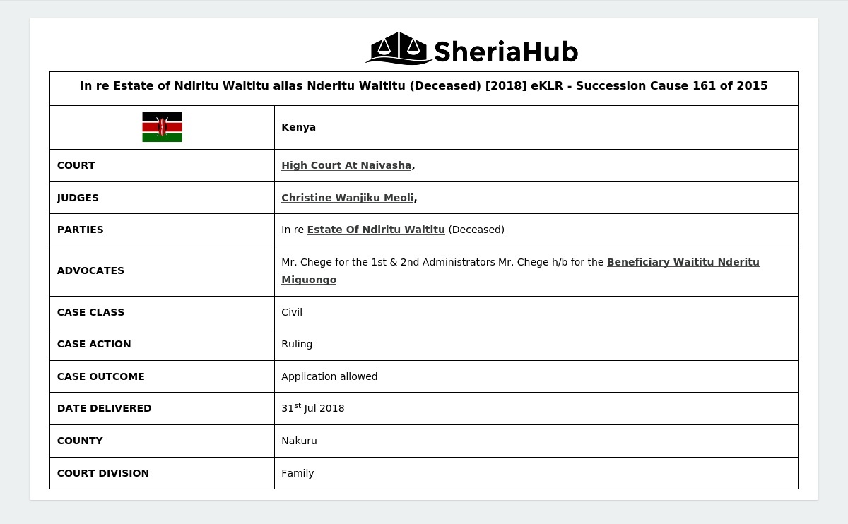 In Re Estate Of Ndiritu Waititu Alias Nderitu Waititu (Deceased) [2018 ...