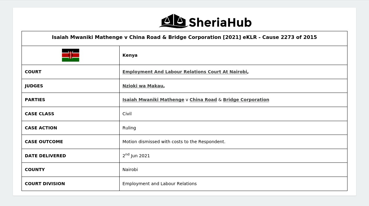 Isaiah Mwaniki Mathenge V China Road & Bridge Corporation [2021] Eklr