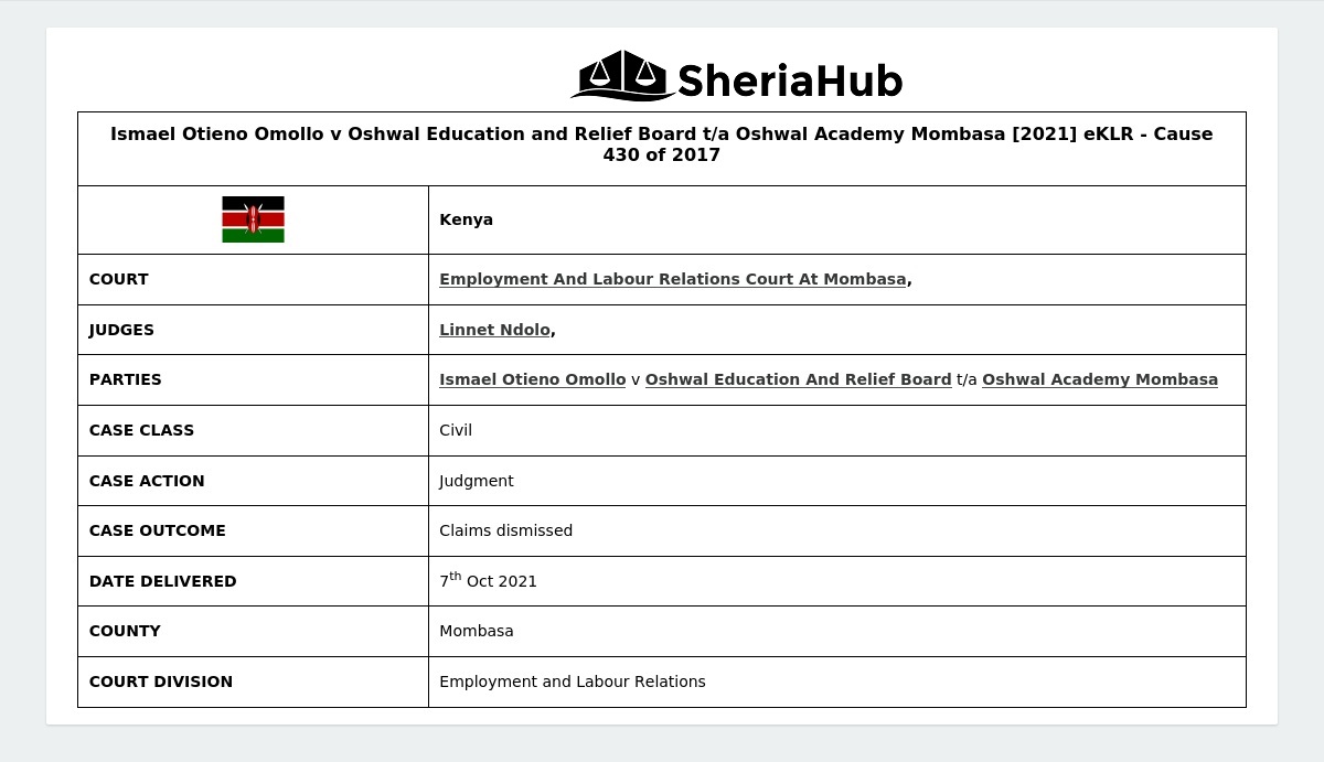 Ismael Otieno Omollo V Oshwal Education And Relief Board T/A Oshwal ...