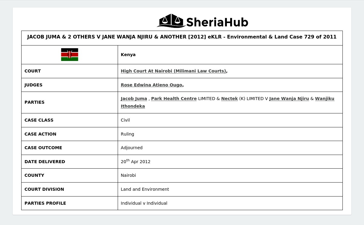 Jacob Juma & 2 Others V Jane Wanja Njiru & Another [2012] Eklr