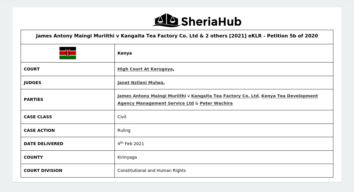 James Antony Maingi Muriithi V Kangaita Tea Factory Co. Ltd & 2 Others [2021] Eklr