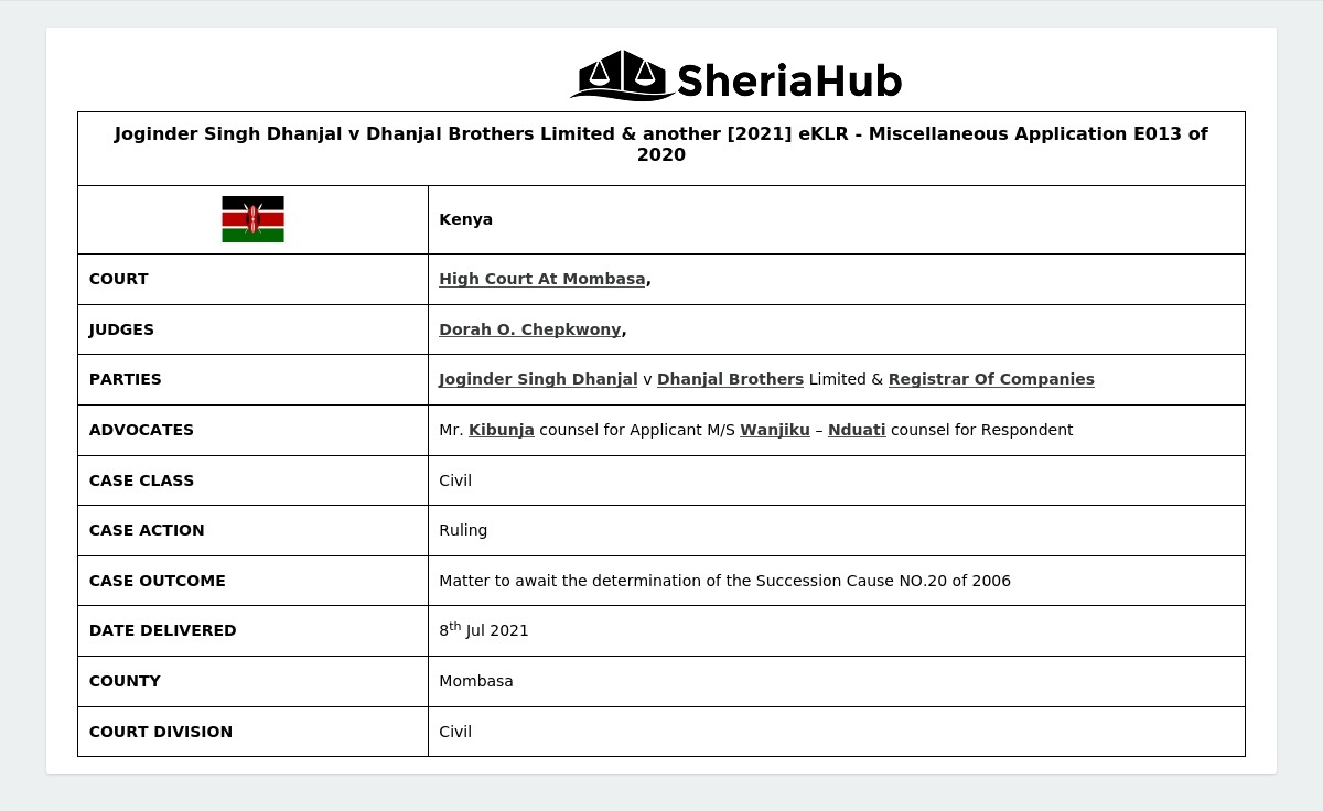 Joginder Singh Dhanjal V Dhanjal Brothers Limited & Another [2021] Eklr