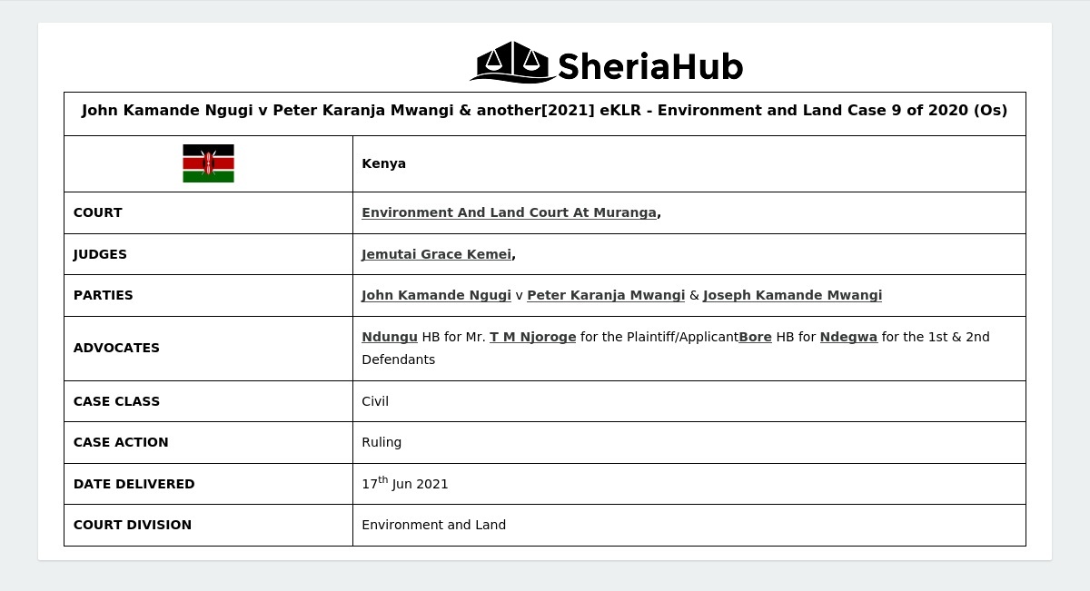 John Kamande Ngugi V Peter Karanja Mwangi & Another[2021] Eklr
