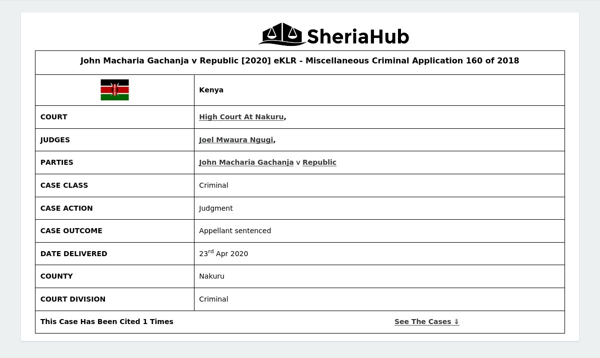 John Macharia Gachanja V Republic [2020] Eklr
