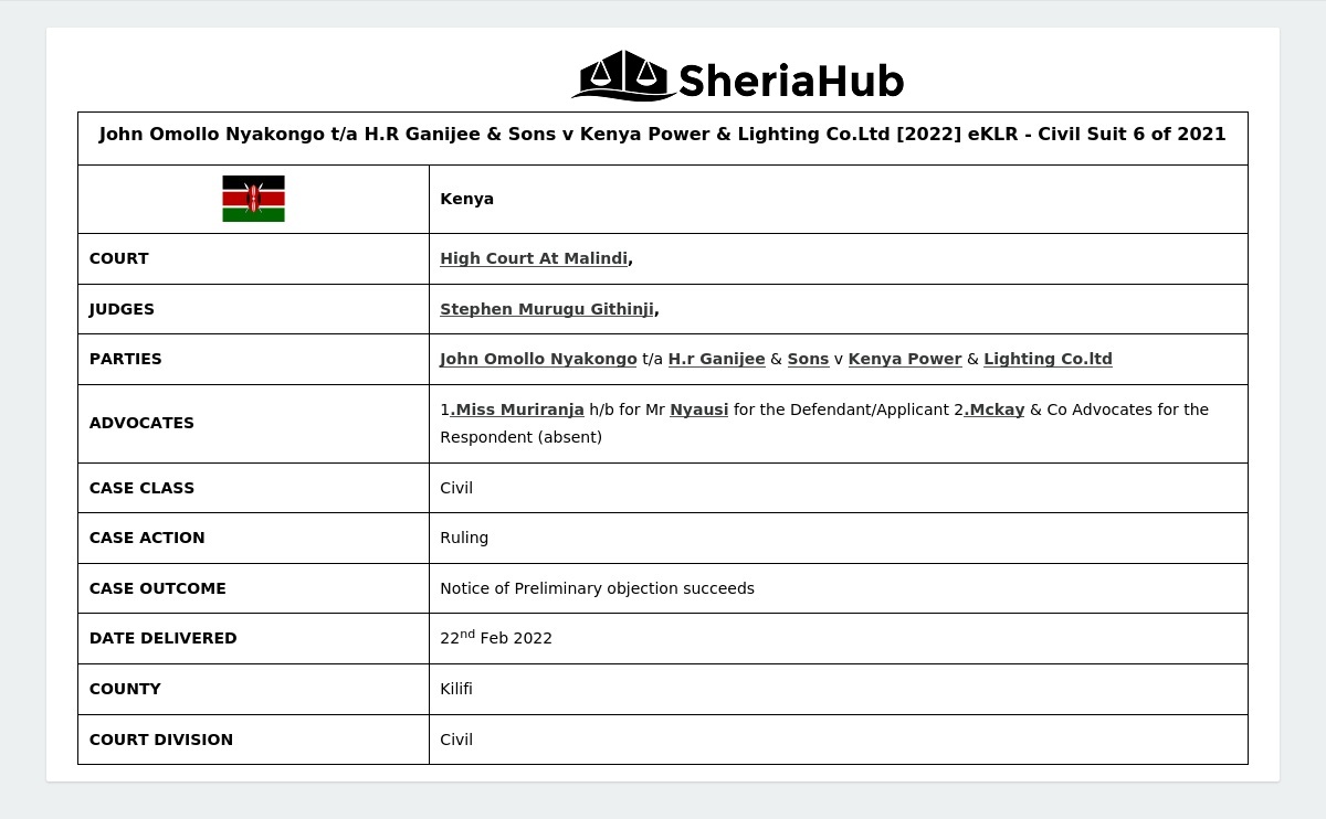 John Omollo Nyakongo T/A H.r Ganijee & Sons V Kenya Power & Lighting Co ...