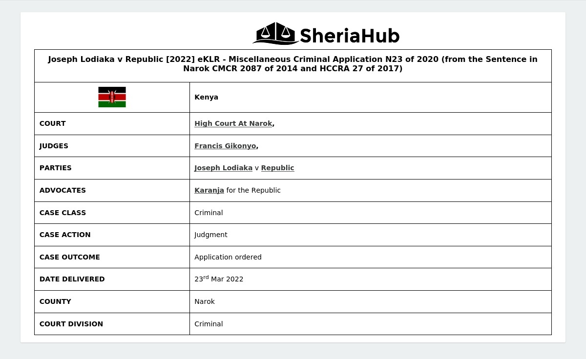 Joseph Lodiaka V Republic [2022] Eklr