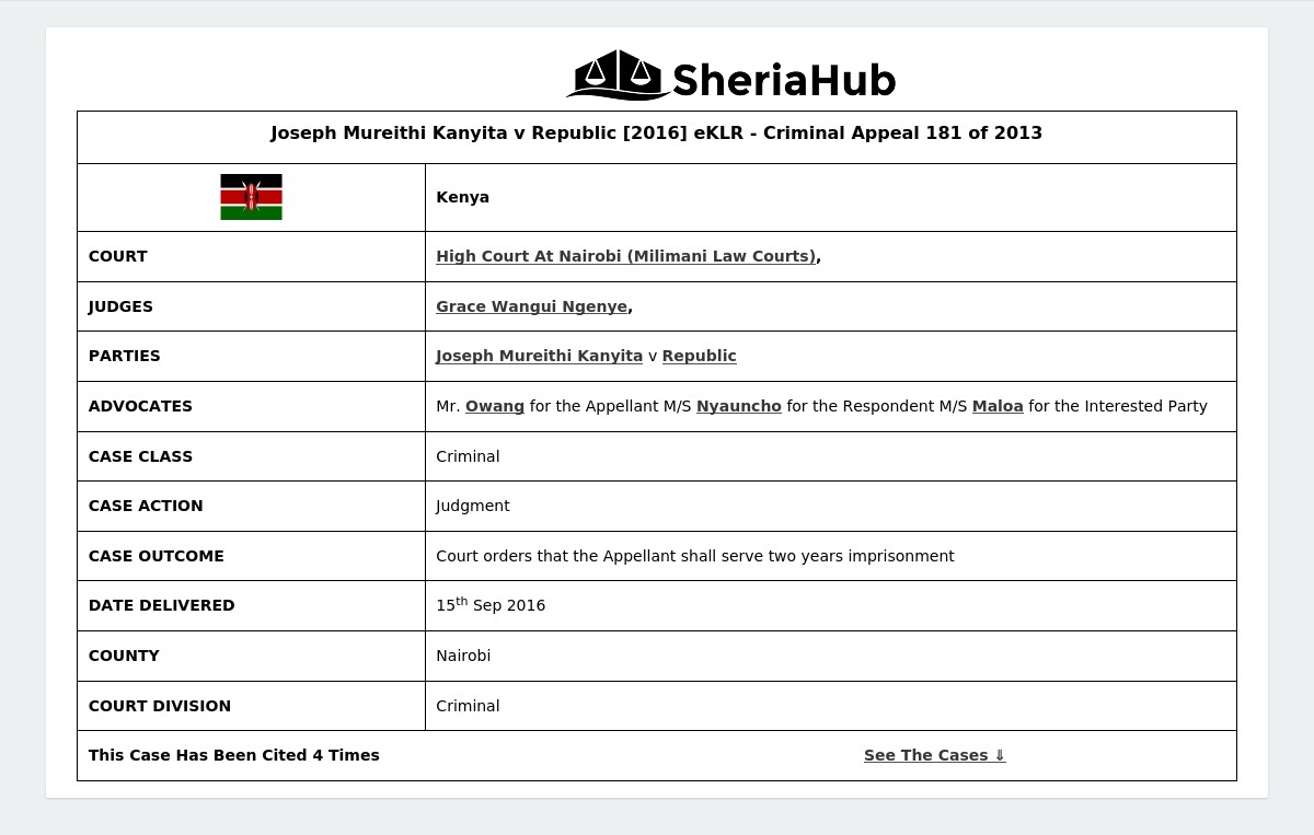 Joseph Mureithi Kanyita V Republic [2016] Eklr