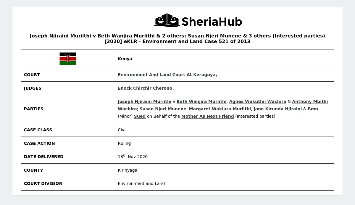 Joseph Njiraini Muriithi V Beth Wanjira Muriithi & 2 Others; Susan Njeri Munene & 3 Others ...
