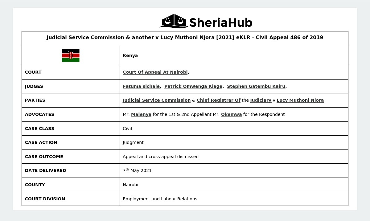 Judicial Service Commission & Another V Lucy Muthoni Njora [2021] Eklr