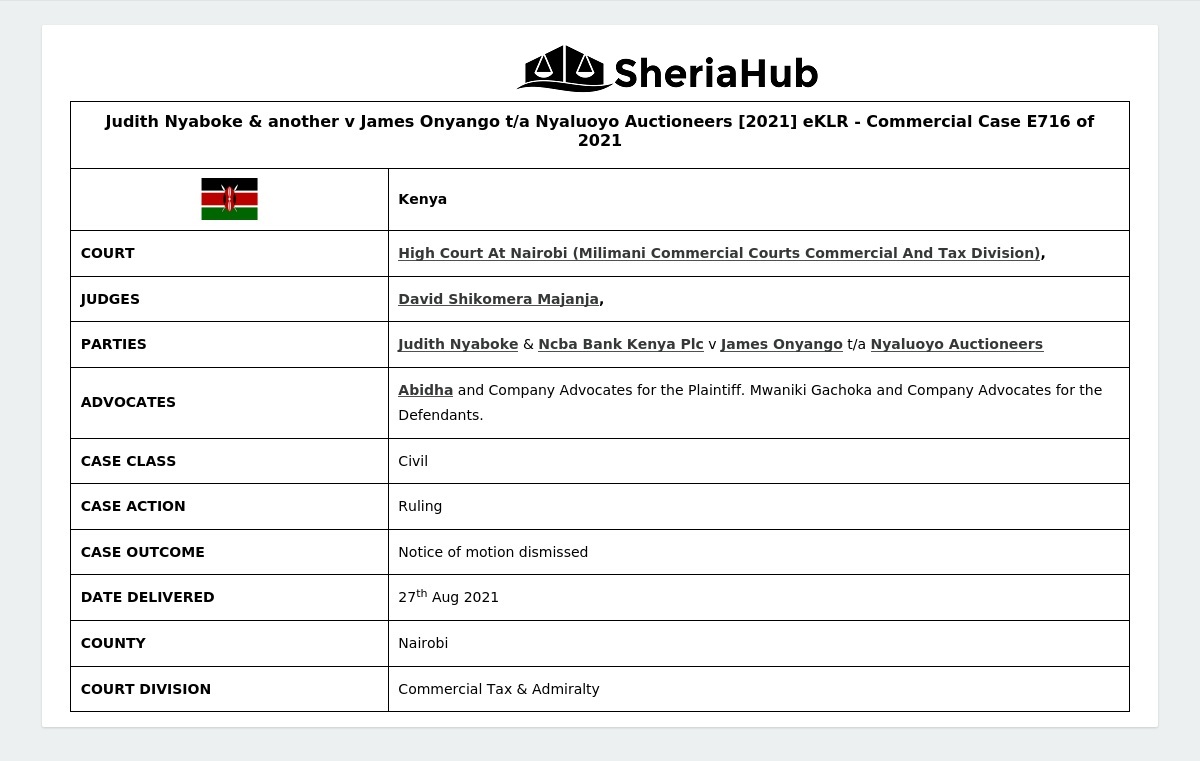 Judith Nyaboke & Another V James Onyango T/A Nyaluoyo Auctioneers [2021] Eklr