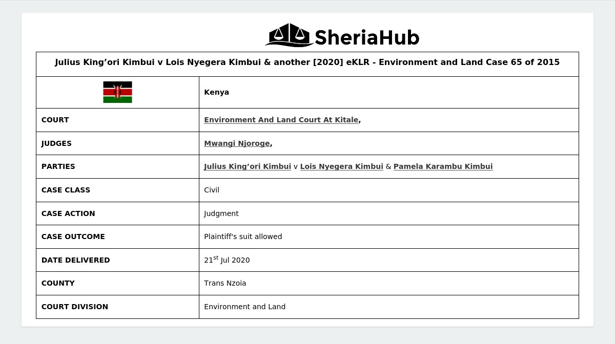 Julius King’ori Kimbui V Lois Nyegera Kimbui & Another [2020] Eklr